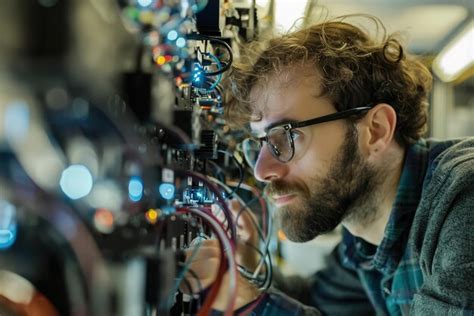 premium photo quantum computing engineer calibrating qubits in a