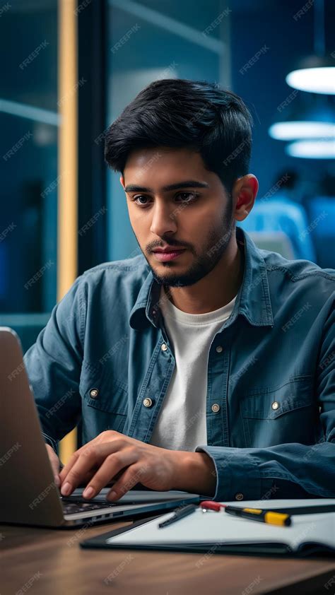 Male Programmer Working On Desktop Computer At Desk In Office Premium