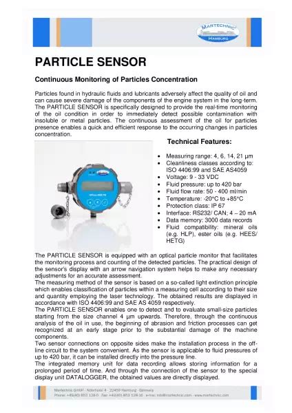 Martechnic® Particle Sensor Continuous Particles Monitoring In Oil
