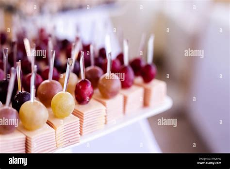 Light Snacks In A Plate On A Buffet Table Assorted Mini Canapes Delicacies And Snacks