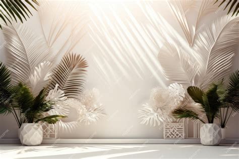 제품 프레젠테이션을 위한 추상 흰색 스튜디오 배경 창문과 꽃 야자잎의 그림자가 있는 빈 방은 복사 공간이 있는 3d 공간 Ai 생성 프리미엄 사진