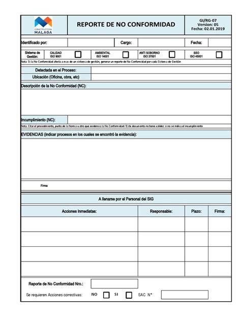 Reporte De No Conformidad Iso 9001 45001 Pdf