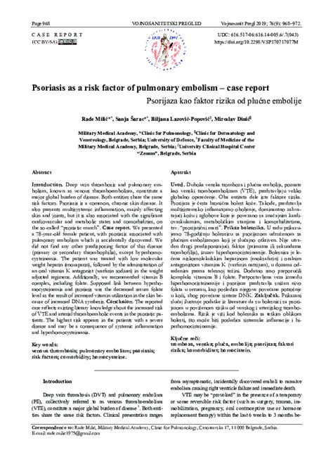 Pdf Psoriasis As Risk Factor Of Pulmonary Embolism Case Report