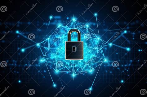 Cyber Security Concept Lock Symbol From Lines And Triangles Point Connecting Network On Blue