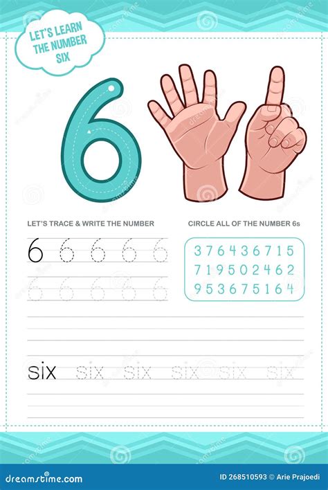 Preschool Learning Number Six Worksheet Stock Illustration