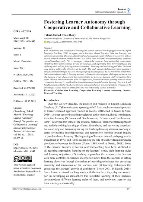 Pdf Fostering Learner Autonomy Through Cooperative And Collaborative