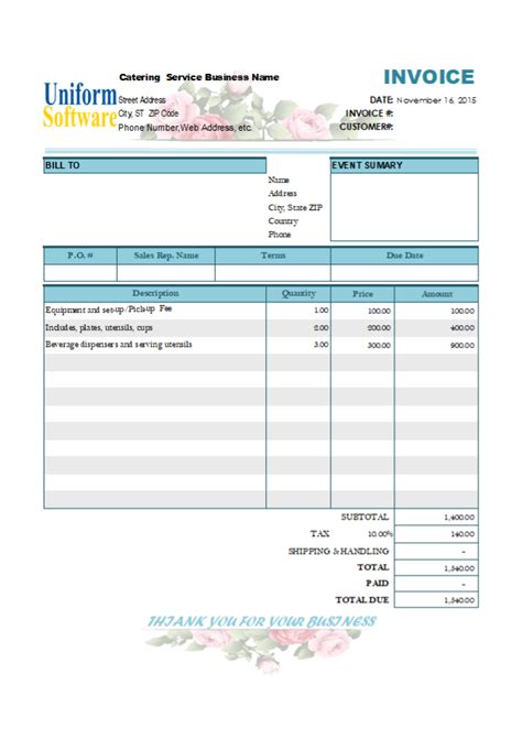 Bill Format For Catering And Wedding Service