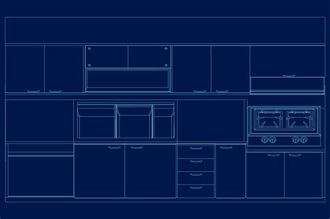 선형 스타일의 가구가 있는 현대적인 주방 인테리어 건축 스케치 식기 도구 장비 및 가전 제품이있는 식당 손으로 파란색 윤곽선을 그립니다 앞 View 가구에 대한 스톡 벡터