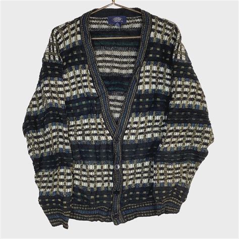 Vintage 1990s Knit Cardigan Grandpa Sweater Large 90s Plaid Geometric
