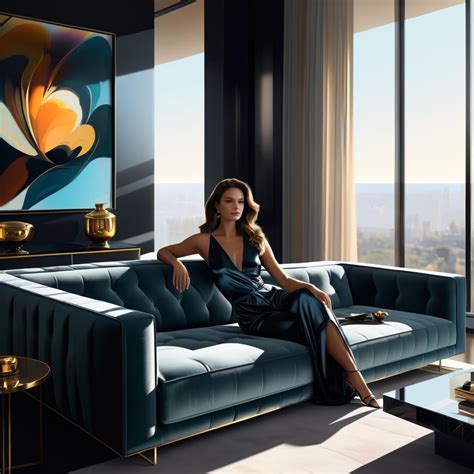 Elegant Woman In Satin Gown On Modern Couch
