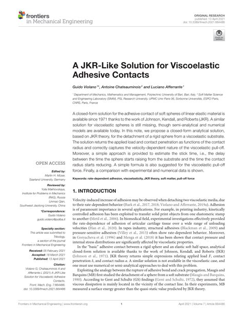 Pdf A Jkr Like Solution For Viscoelastic Adhesive Contacts
