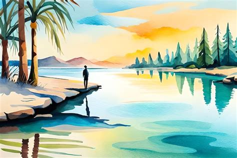 A Painting Of A Man Standing On A Beach Looking Out To The Water