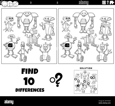 black and white cartoon illustration of finding the differences between
