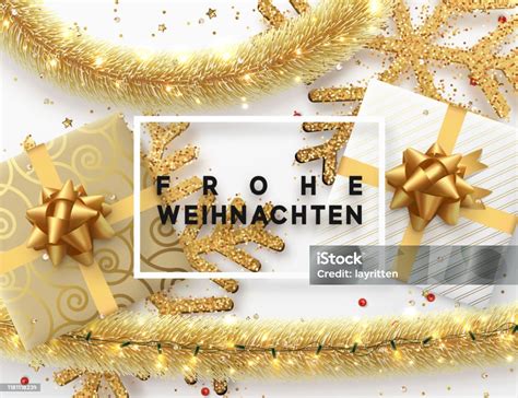 독일어 텍스트 프로헤 바이흐나히텐 크리스마스 배경입니다 디자인 일러스트 황금 밝은 장식 눈송이 선물 상자 골드 틴셀과 빛 화환의 빛나는 반짝임 엑스 마스 카드 벡터 2020