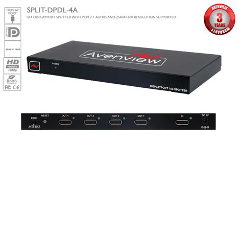 avenview split dpdl 4a 1x4 displayport with pcm and 2560x1600 support