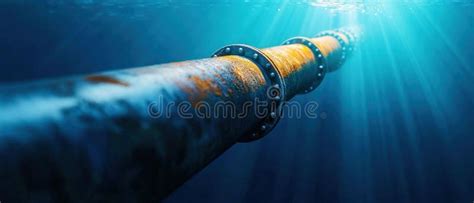 Underwater Pipeline In Ocean Depths With Bubbles And Sunlight Stock