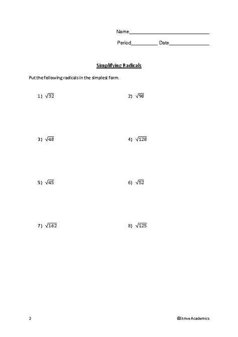 Simplifying Radicals Set 1 Classful