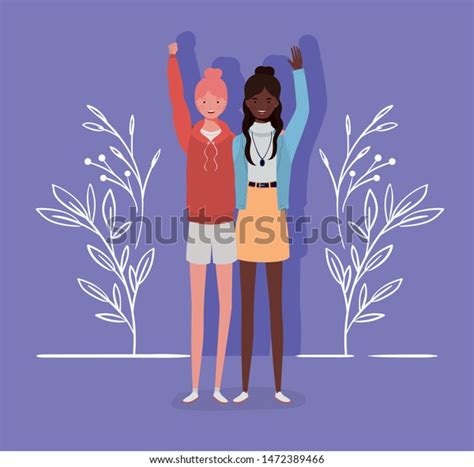 Young Beautiful Interracial Girls Couple Characters Stock Vector