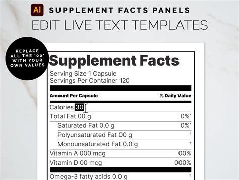Supplement Facts Panel Template Bundle Editable Adobe Template Label