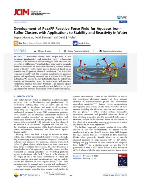 Pdf Development Of Reaxff Reactive Force Field For Aqueous Iron Sulfur Clusters With