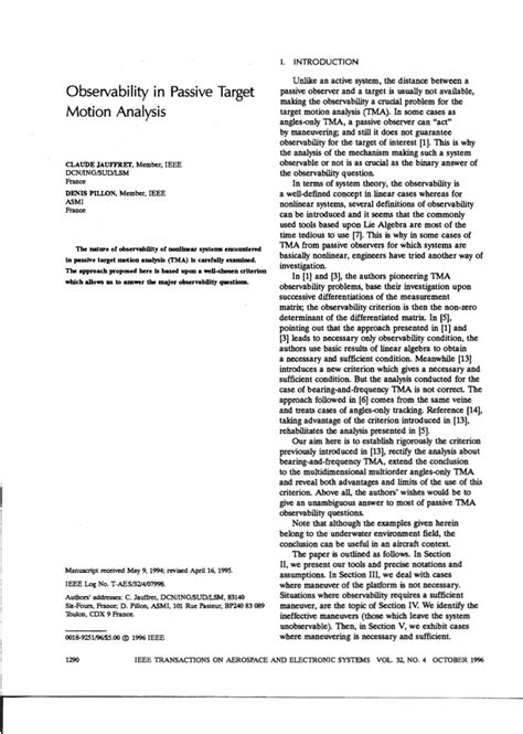 Pdf Observability In Passive Target Motion Analysis