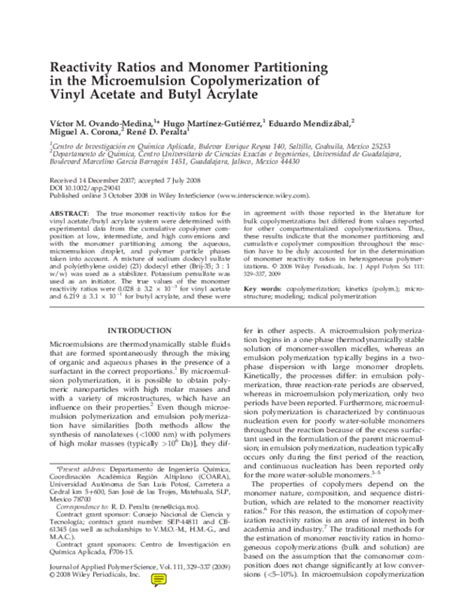 Pdf Reactivity Ratios And Monomer Partitioning In The Microemulsion