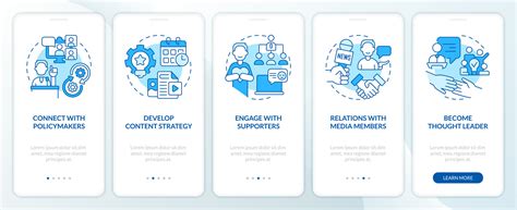 Social Media Plans For Advocacy Blue Onboarding Mobile App Screen Walkthrough 5 Steps Editable
