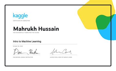 mahrukh hussain completed the intro to machine learning course on kaggle