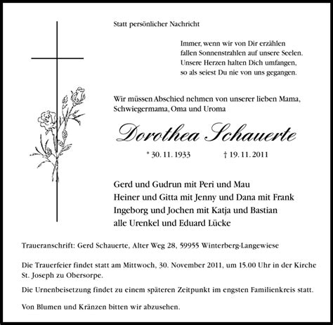Traueranzeigen Von Dorothea Schauerte Trauer In Nrw De