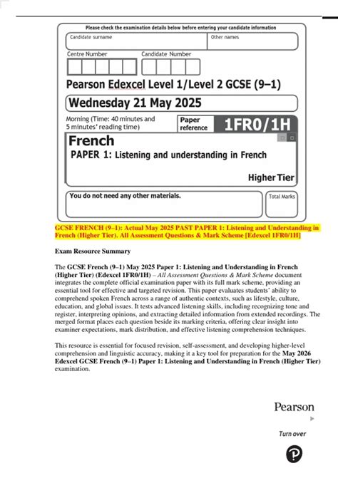 Gcse French 91 Actual May 2025 Past Paper 1 Listening And