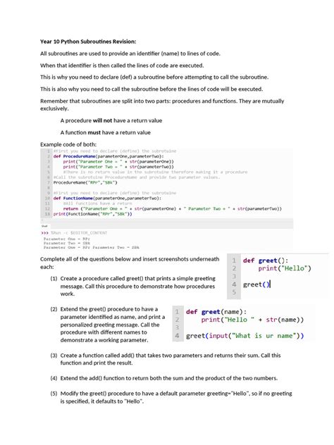 Year 10 Python Subroutines Revision Pdf