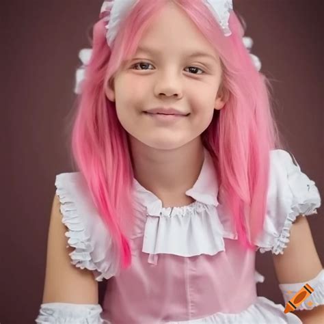 12 Year Old Girl In A Cute Maid Dress With Pink Hair On Craiyon