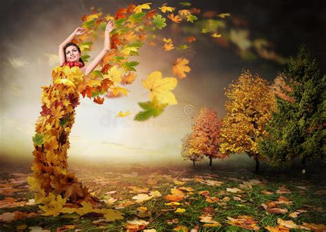 Fashion Autumn Woman Fall Leaves Dress Beauty Girl Model Gown Stock