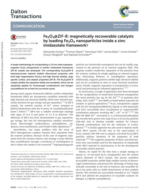 Pdf Fe3o4zif 8 Magnetically Recoverable Catalysts By Loading Fe3o4