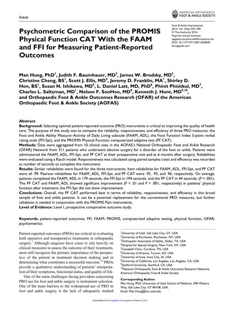 Pdf Psychometric Comparison Of The Promis Physical Function Cat With The Faam And Ffi For