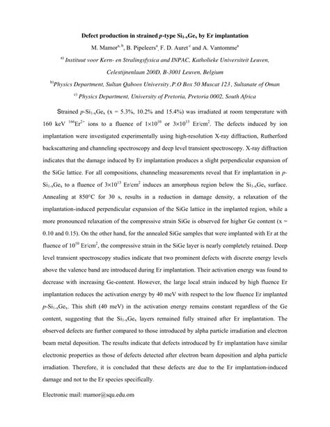 Pdf Defect Production In Strained P Type Si1−xgex By Er Implantation