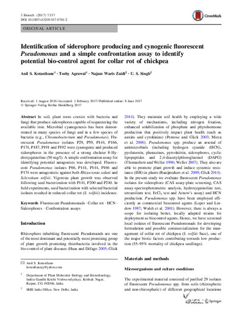 Pdf Identification Of Siderophore Producing And Cynogenic Fluorescent