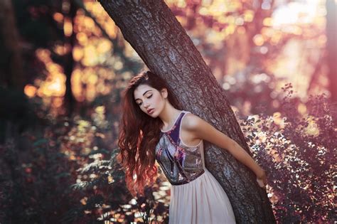 Dress Redhead Bare Shoulders Women Outdoors Model Trees Nature