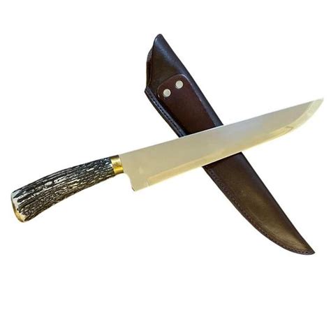 Faca De Churrasco Com Cabo De Resina Imitação De Cervo Lâmina Em Aço Inox E Bainha Em Couro