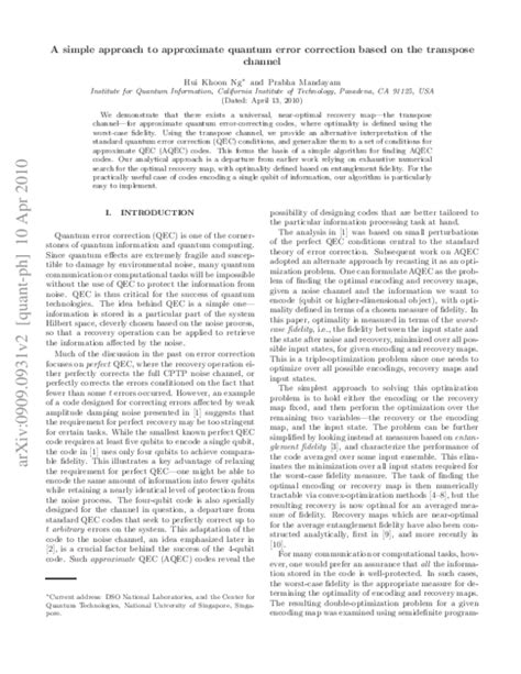 Pdf A Simple Approach To Approximate Quantum Error Correction Based