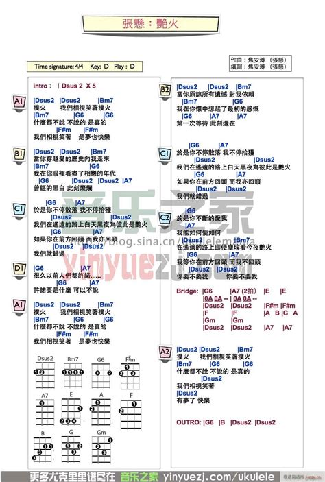 艳火尤克里里谱（ D调 ） 张悬 歌谱简谱网