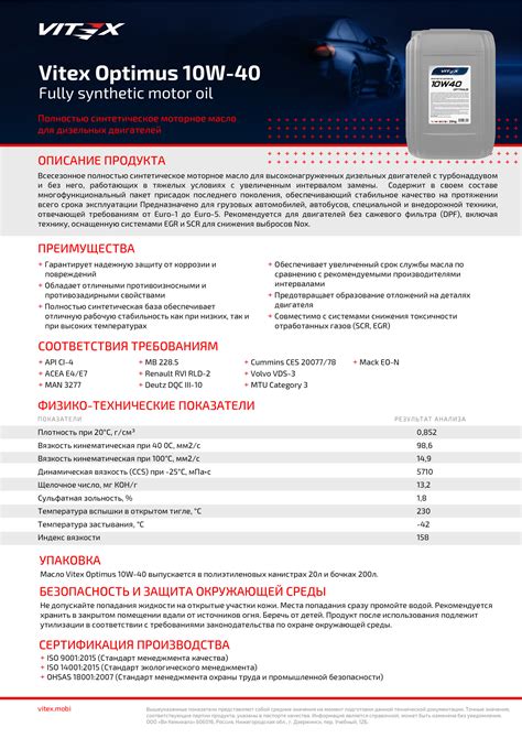Синтетическое моторное масло Vitex Optimus 10W-40