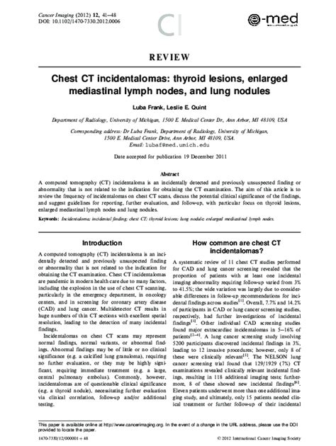 Pdf Chest Ct Incidentalomas Thyroid Lesions Enlarged Mediastinal
