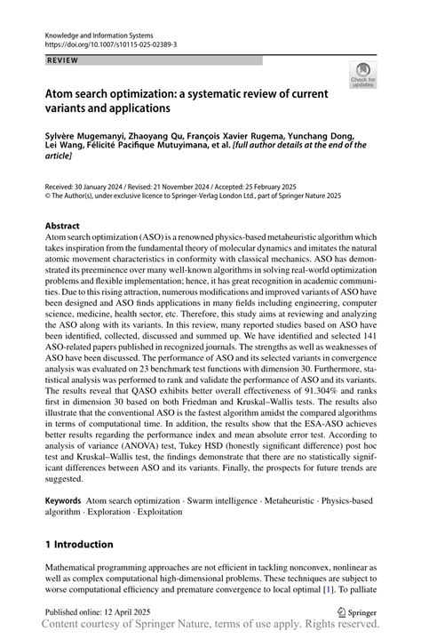 Atom Search Optimization A Systematic Review Of Current Variants And