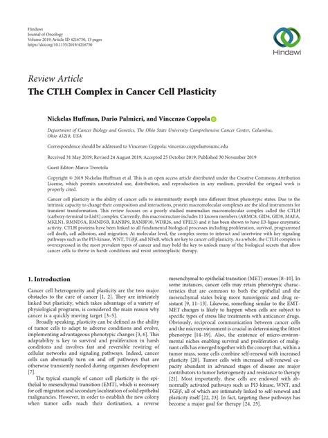 Pdf The Ctlh Complex In Cancer Cell Plasticity