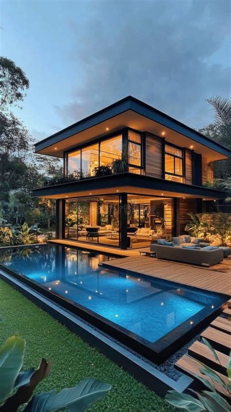 Modern Two Story House With A Pool Surrounded By Lush Greenery At
