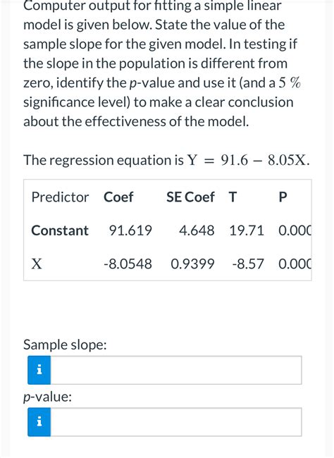 solved computer output for fitting a simple linear model is