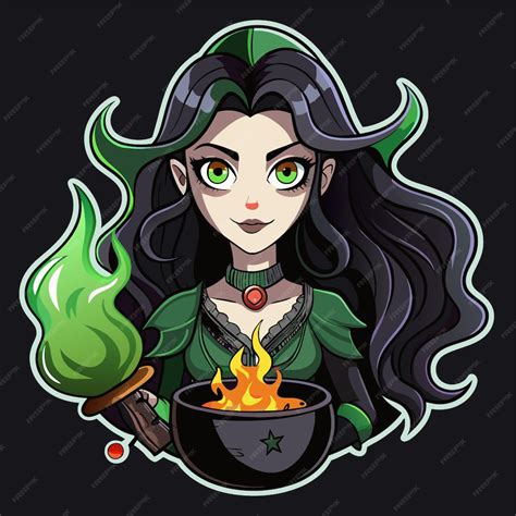 Witch With Spell And Black Magic Pot Hand Drawn Mascot Cartoon