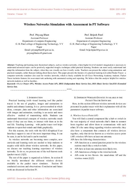 Pdf Wireless Networks Simulation With Assessment In Pt Software