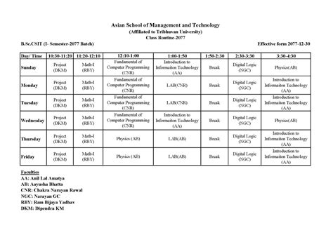 Class Routine Of Bsc Csit 2077 Batch Asian School Of Management And